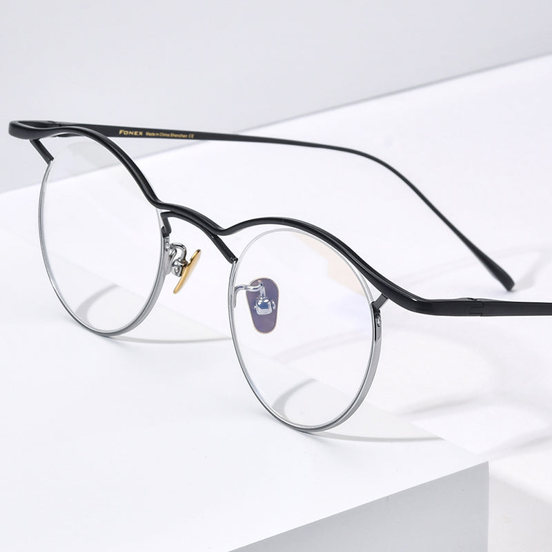 FONEX Titanium Glasses Frame Men Semi Rimless Round Eyeglasses MF-001 ...